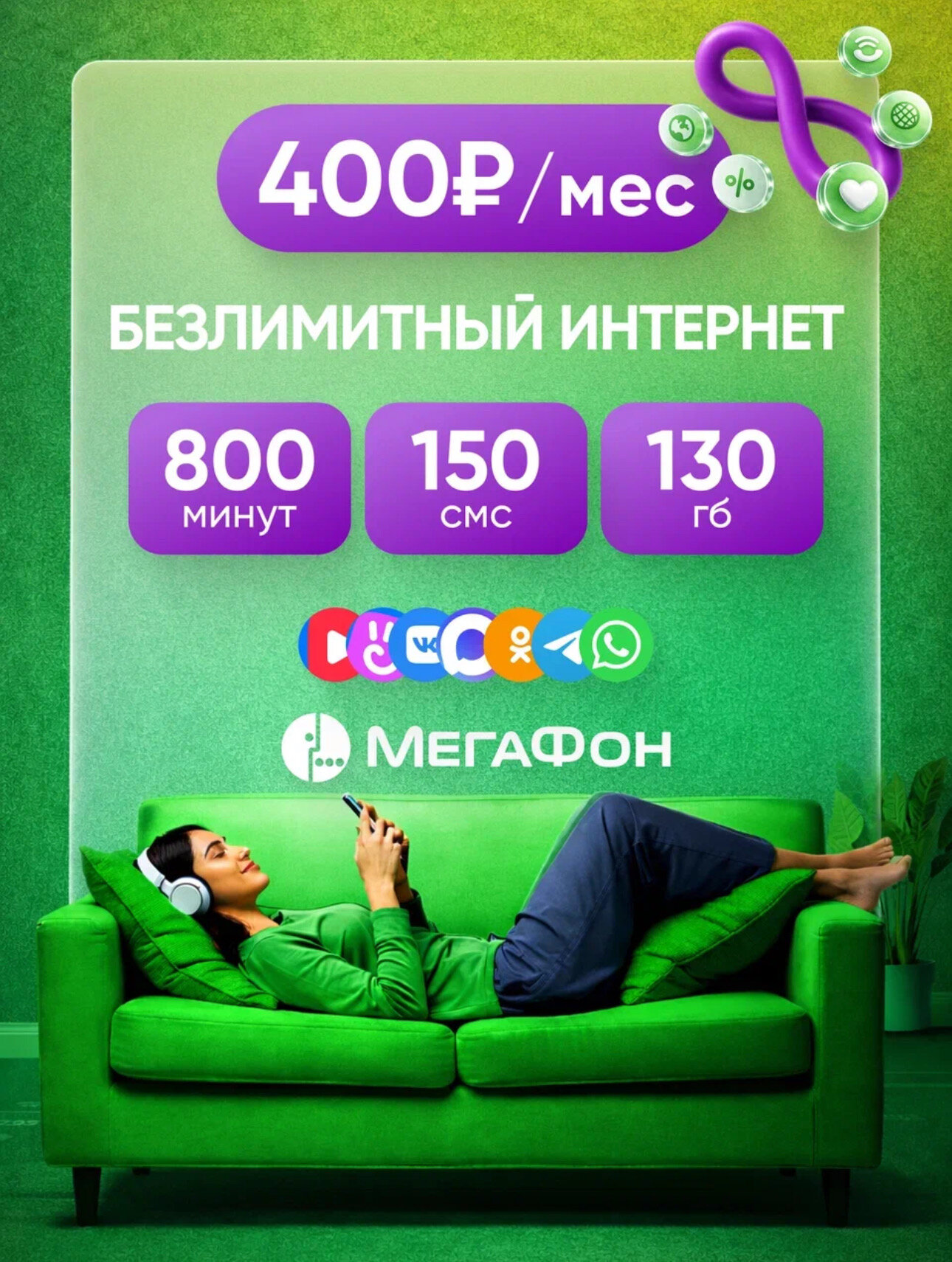 Сим карта Мегафон с безлимитным интернетом 130ГБ Тариф Secret за 400 руб/мес