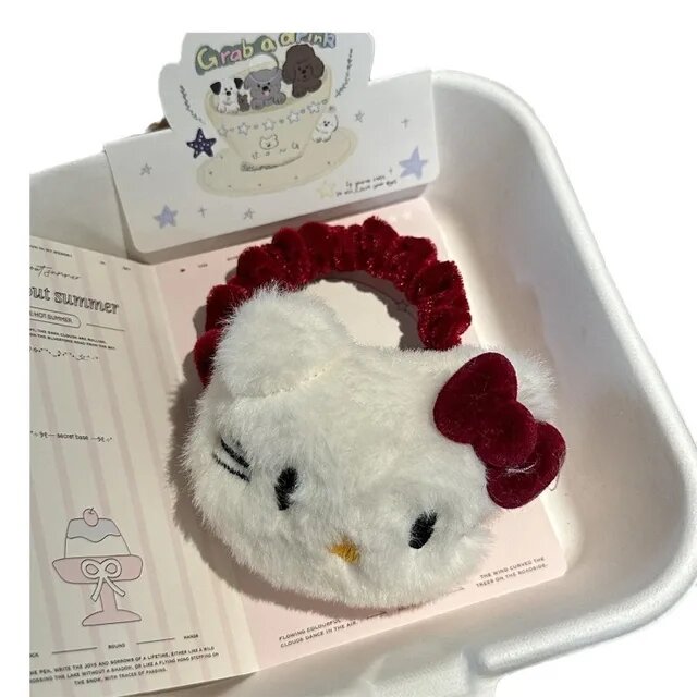 Заколка для волос Sanrio Hello Kitty, милый плюшевый котенок для осени и зимы, очаровательный красный бантик, мультяшный аксессуар для волос BB для девочек, подарок для девочек.