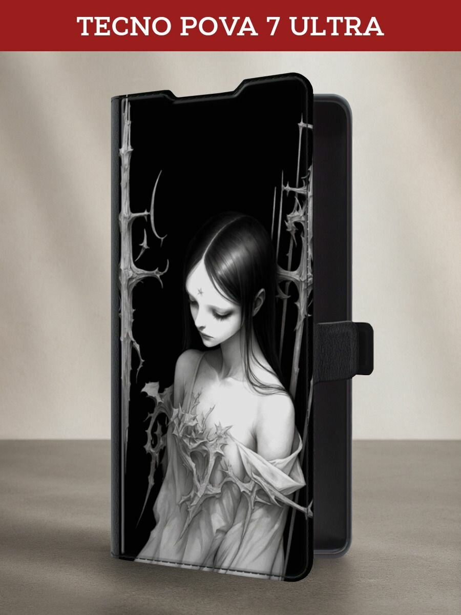 Чехол-книжка на Tecno Pova 7 Ultra / Текно Пова 7 Ультра с принтом Грустная готическая девушка, черный