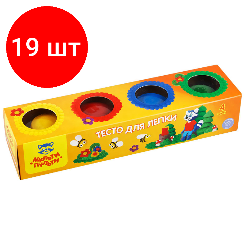 Комплект 19 шт, Тесто для лепки Мульти-Пульти "Енот на пасеке", 04 цвета*90г, картон