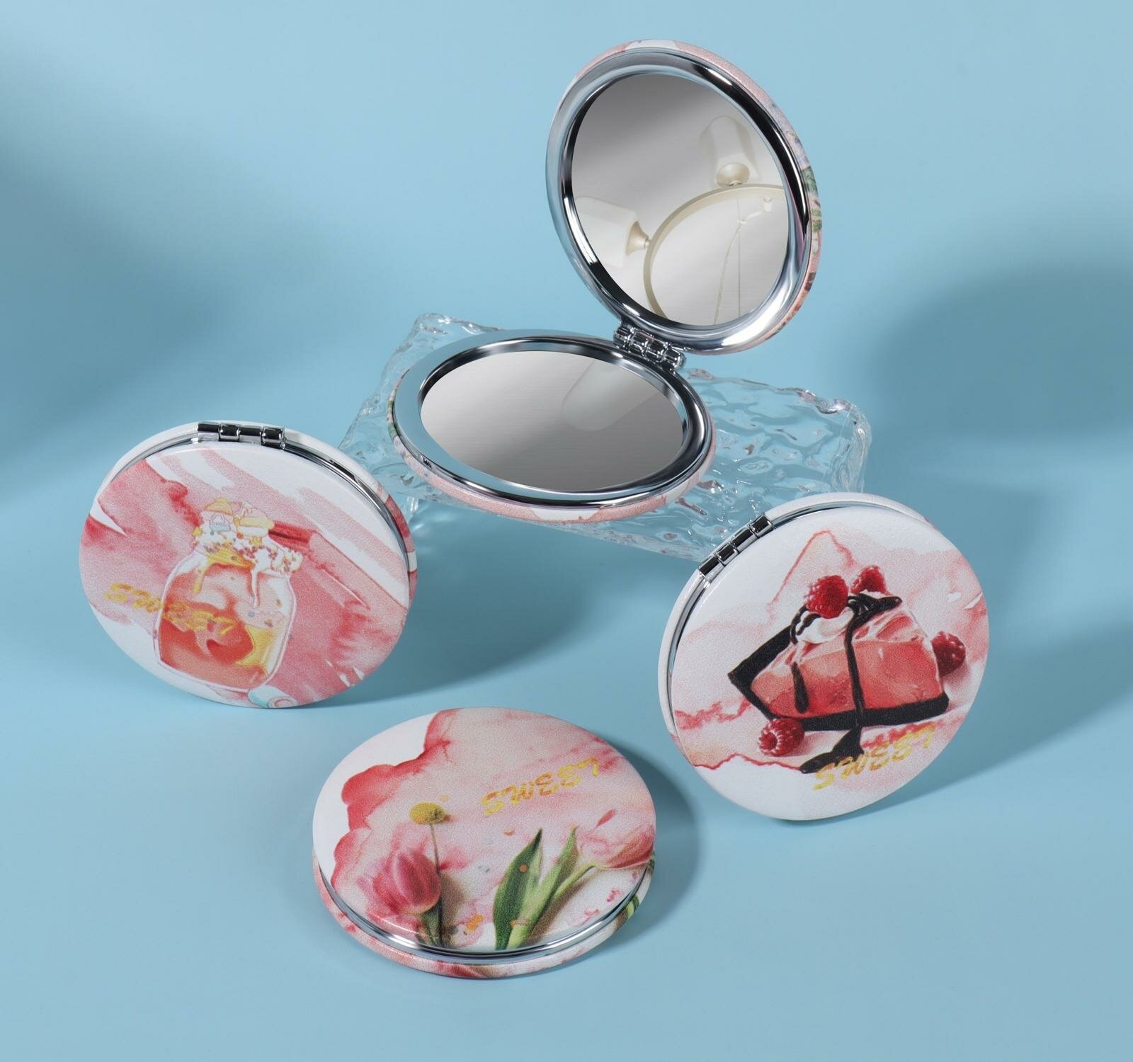 Зеркало складное "BEAUTY", с увеличением, эко-кожа, d 7 см, рисунок "Цветы"
