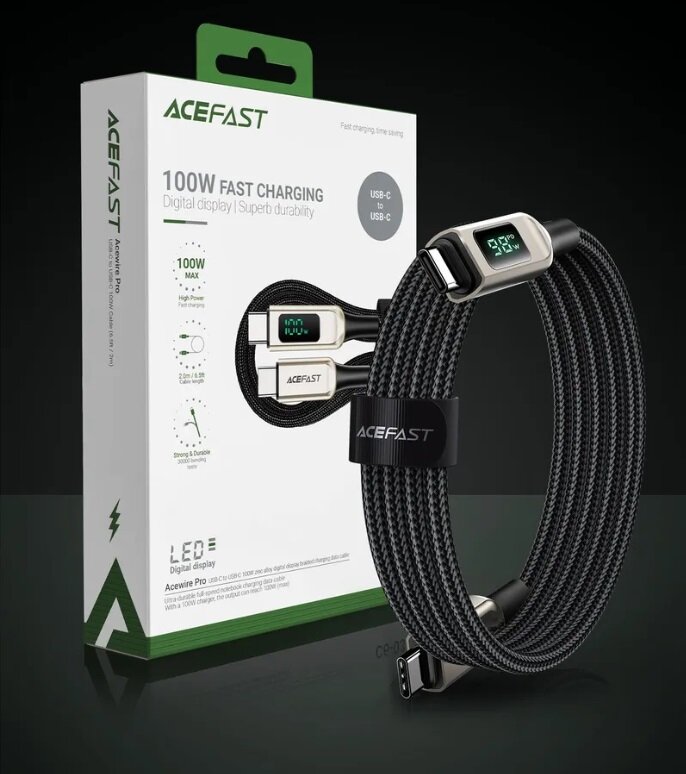 Кабель для быстрой зарядки ACEFAST Digital Display Superb Durability Zinc, Type-C to Type-C, PD100W, 2 м, Серый+Черный