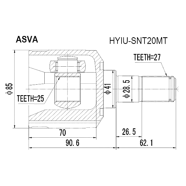 ASVA hyiu-snt20mt (1211EFMT / 4950538E004950538M01 / 4950538M01) шрус внутренний 25x41x27 Sonata (Соната) 2 0 mt