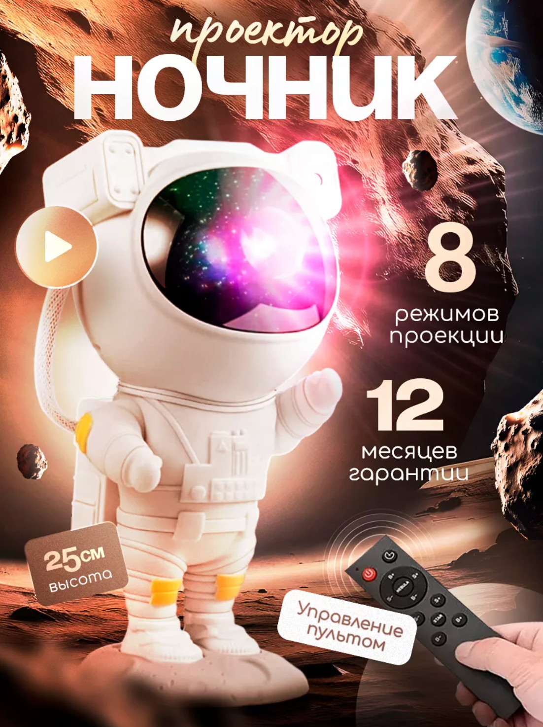 Ночник-проектор звездного неба "Астронавт", LED, с пультом ДУ, белый