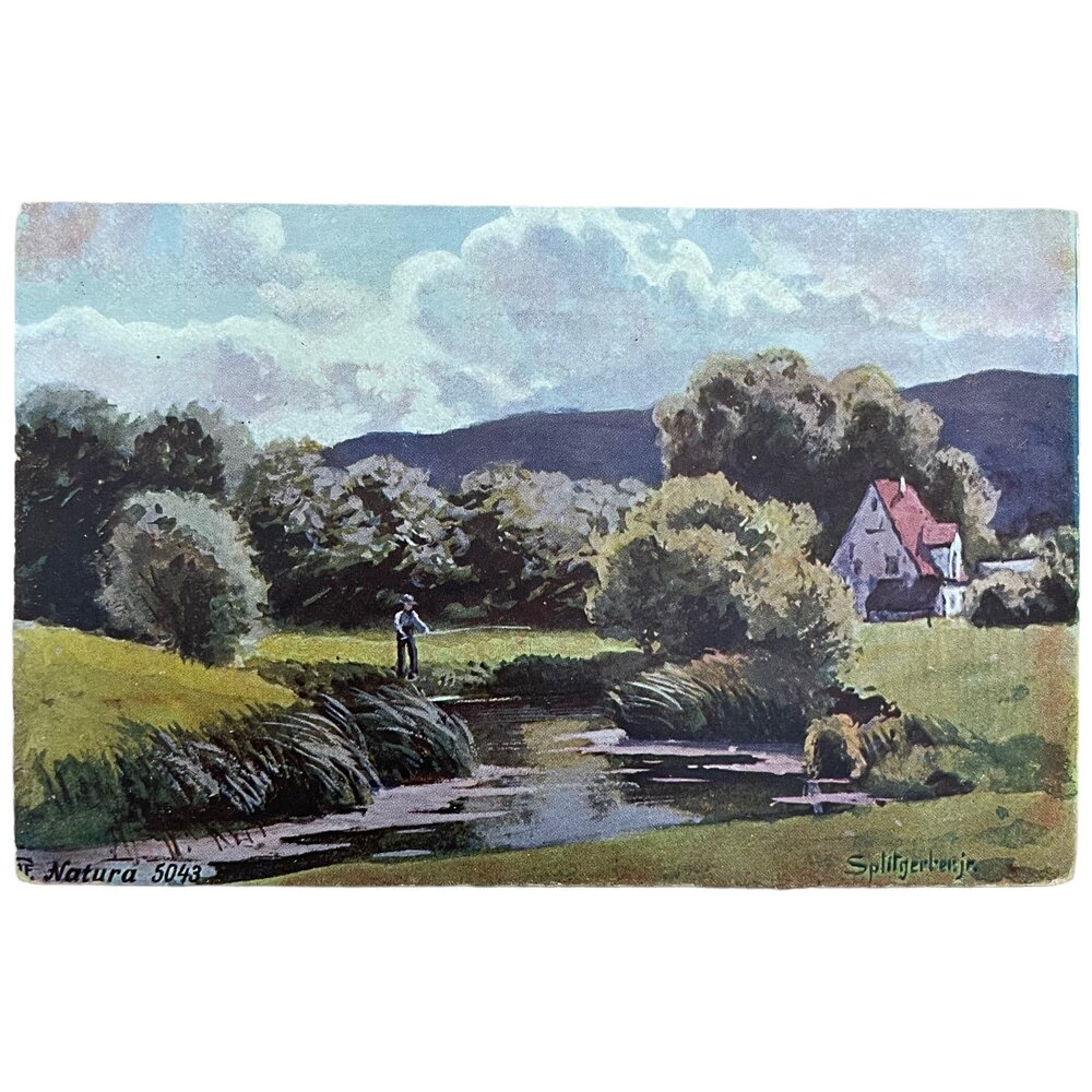Почтовая открытка "Рыбак на лесной речке" 1900-1930 гг. Европа