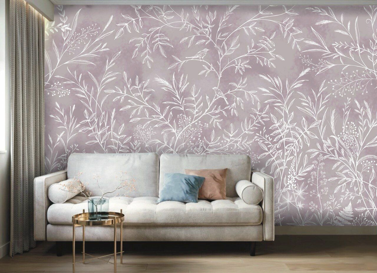 Обои бесшовные "Птички в полевых цветах" пудрово-розовый (ширина 2550мм х длина 2500мм)