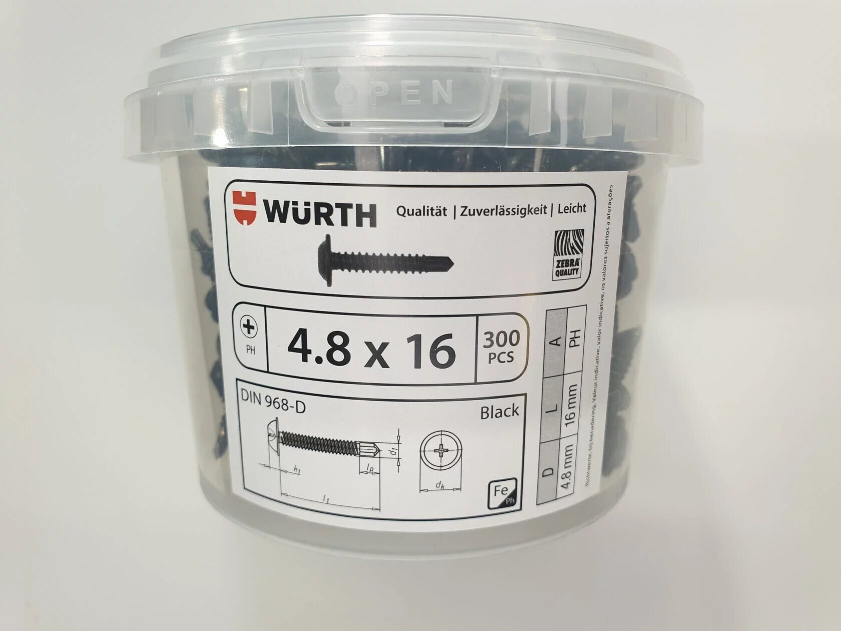 Саморез по металлу DIN 968-D 4.8x16 PH Black (300 pcs) WURTH, Германия