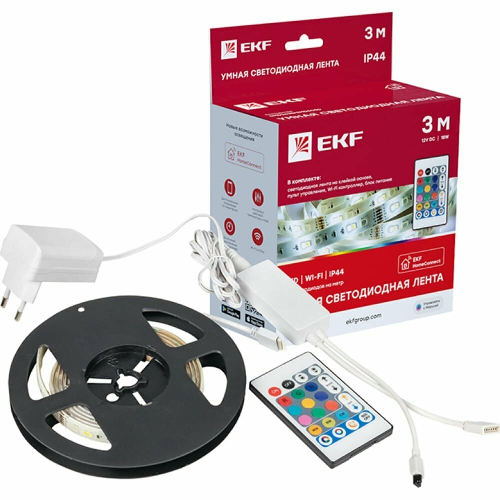Умная светодиодная лента EKF Connect RGBW 3m slswf-3-rgbw с Wi‑Fi управлением, пультом и защитой