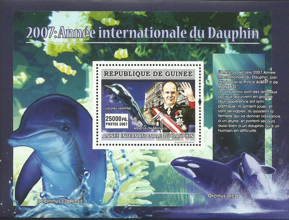 Почтовые марки Гвинея 2007г. "Международный год дельфинов 2007 - Альберт II Монако, Байджи (Китайский речной дельфин)" Дельфины, Короли MNH