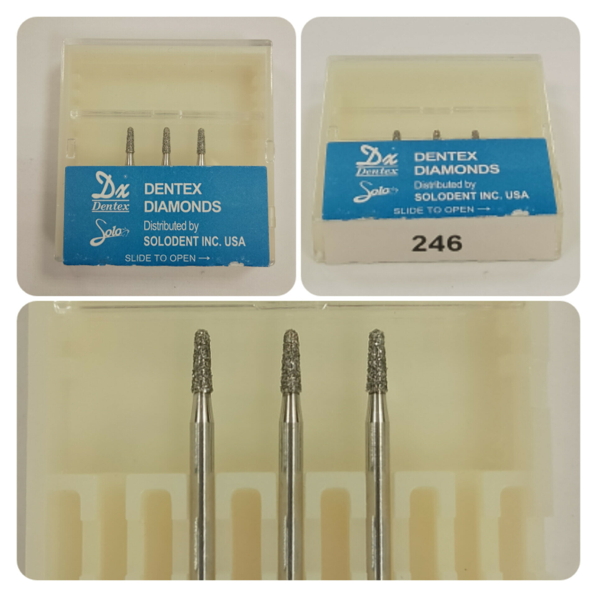 Боры стоматологические Dentex алмазные турбинные, конус с закругленным концом, № 246 размер 014, 3 штуки