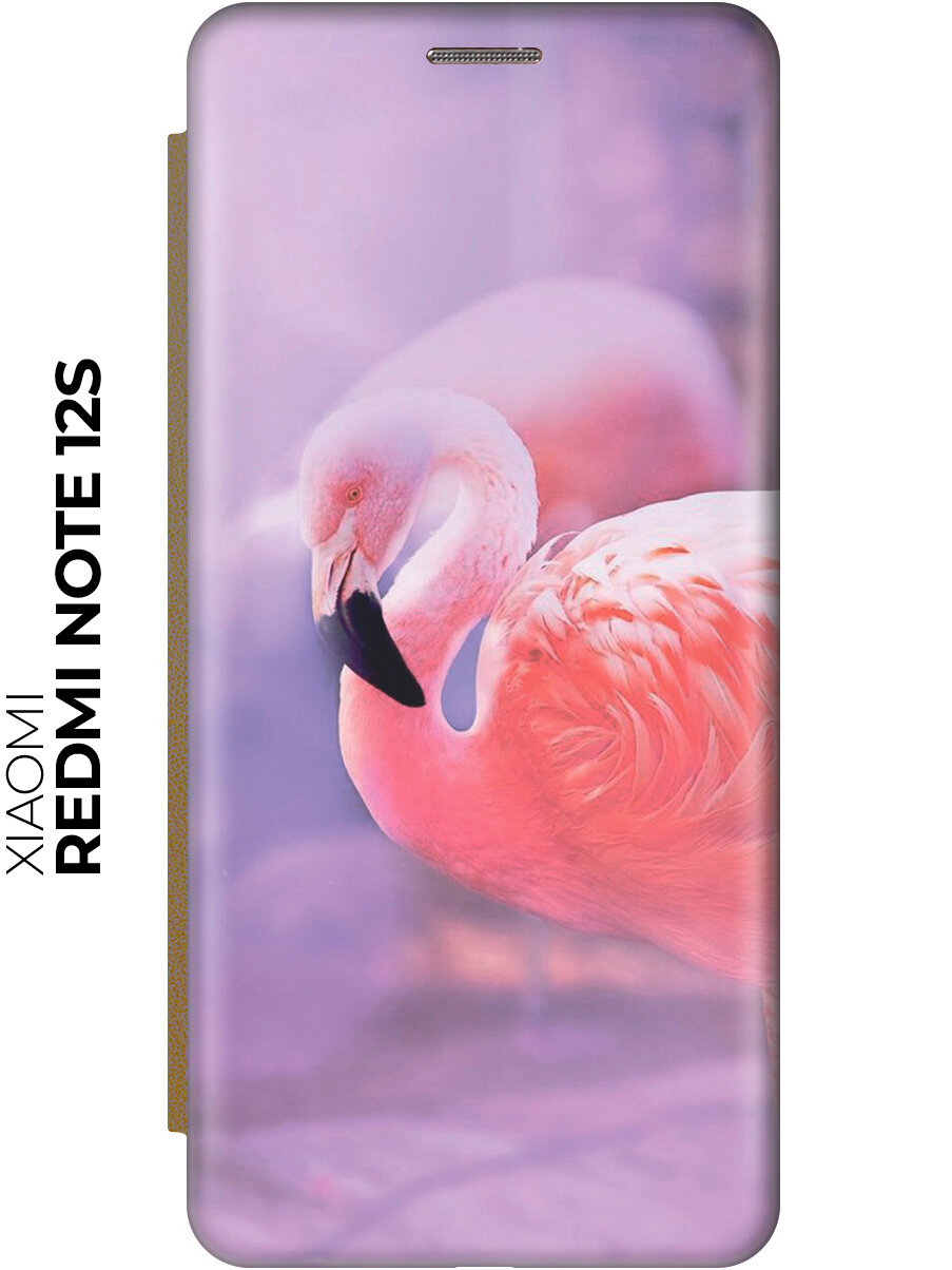 Чехол-книжка на Xiaomi Redmi Note 12s / Сяоми Редми Ноут 12с с рисунком "Розовый фламинго" золотистый