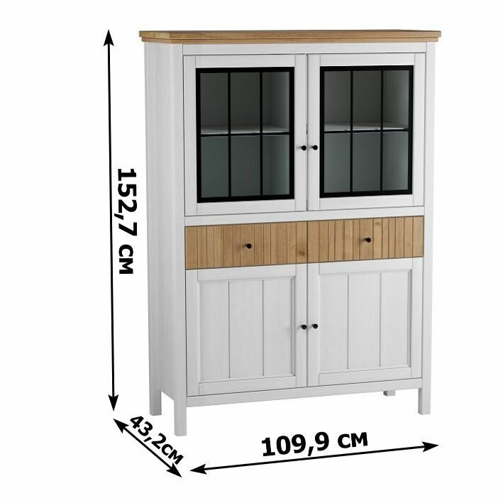 Тумба из дерева стеклянные и глухие двери "тумба 222СТЧ" белый воск/антик 109,9х43,2х152,7 см