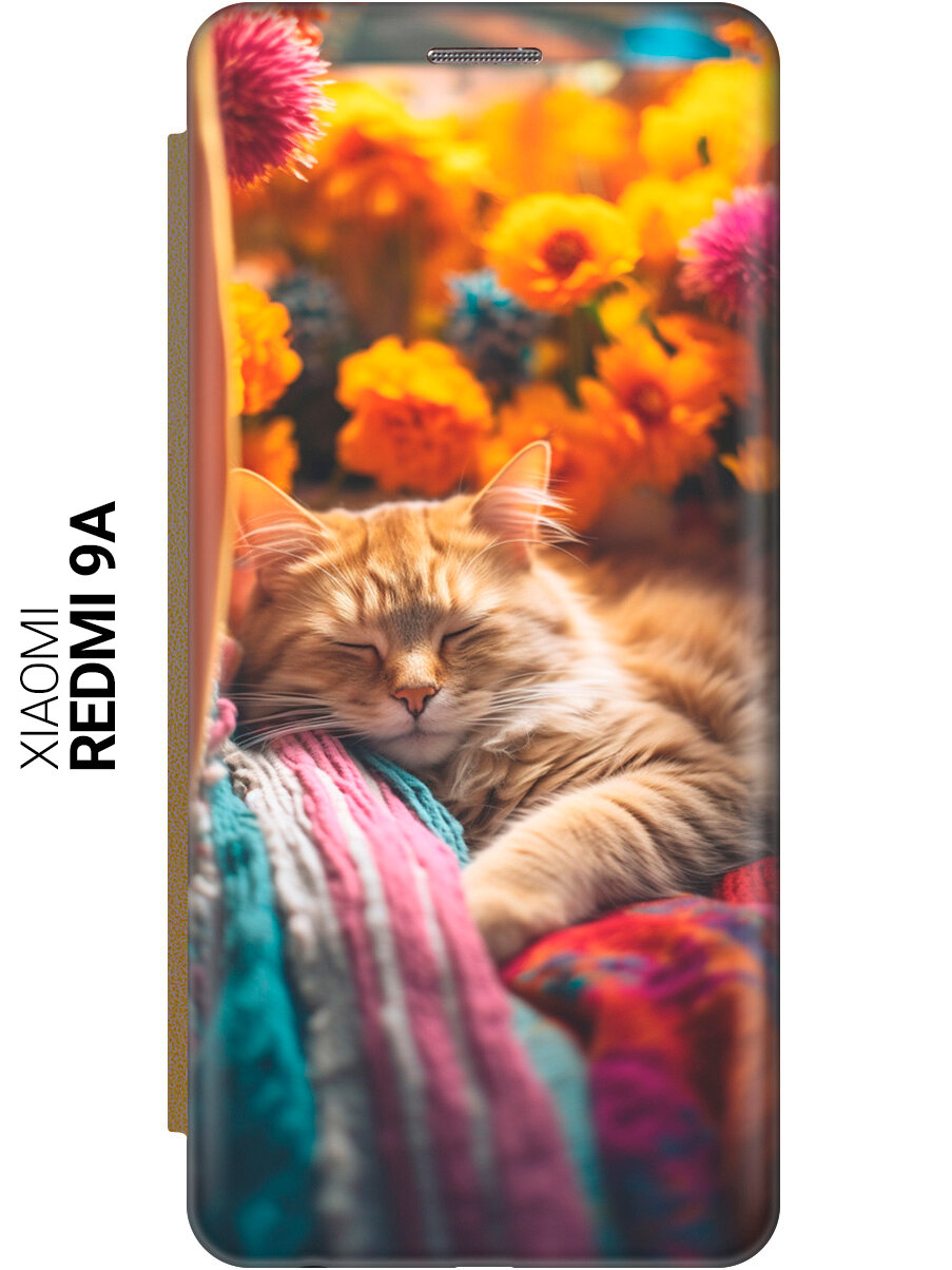 Чехол-книжка на Xiaomi Redmi 9A / Сяоми Редми 9А с рисунком "Спящий на пледе котик" золотистый