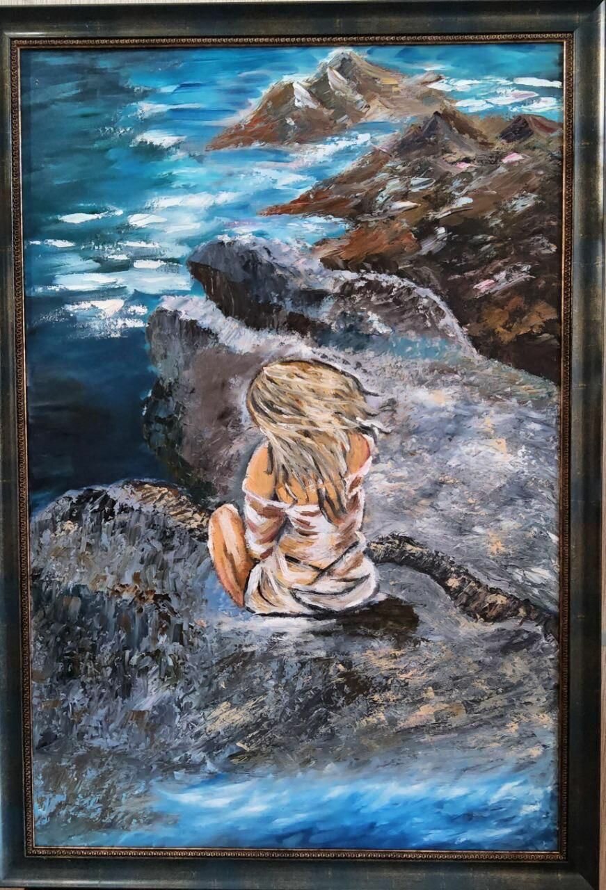 Картина в раме. Миляева Нина "Девушка у моря", холст, масло, 60x90. Авторская живопись.