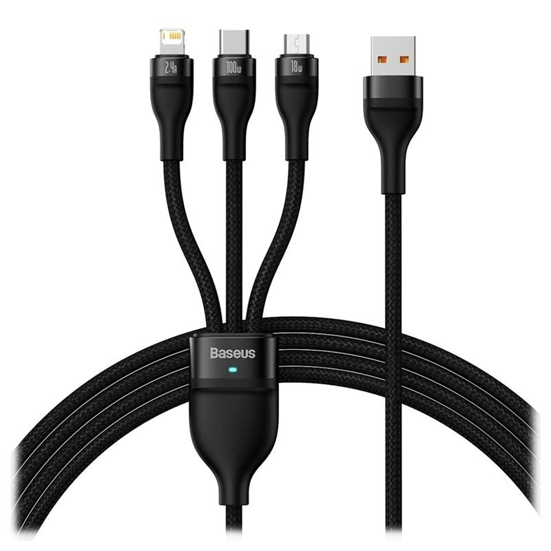 Кабель Baseus Flash Series Ⅱ One-for-three Fast Charging Data Cable USB to M+L+C 100W 1.2m Black (CASS030001)