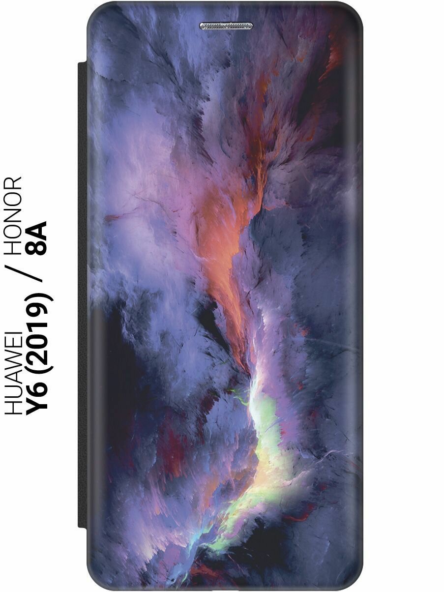 Чехол-книжка на Honor 8A, 8A Pro, Huawei Y6 (2019), Y6 Prime (2019), Хонор 8а, 8а Про c принтом "Гром и молния" черный