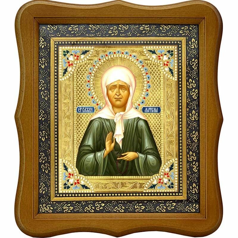 Икона Святой блаженной Матроны Московской на холсте. (15 х 18 см / В фигурном киоте)