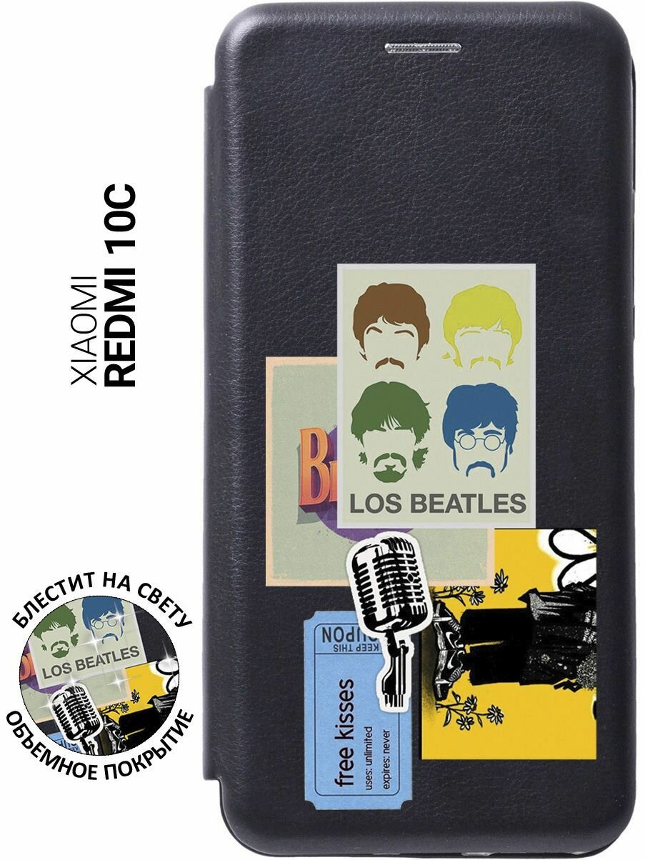 Чехол-книжка на Xiaomi Redmi 10C, Сяоми Редми 10С с 3D принтом "Beatles Stickers" черный