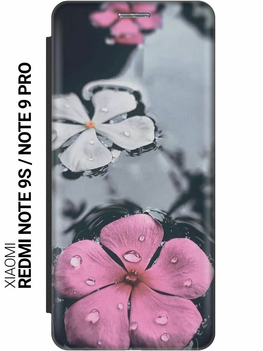 Чехол-книжка на Xiaomi Redmi Note 9s, Note 9 Pro, Сяоми Редми Ноут 9с, Ноут 9 Про c принтом "Фиалки в воде" черный