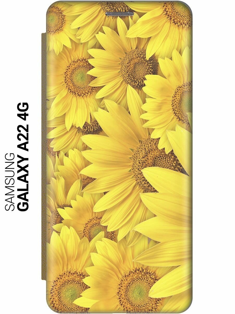 Чехол-книжка на Samsung Galaxy A22, M32, M22, Самсунг А22, М32, М22 с 3D принтом "Море подсолнухов" золотой