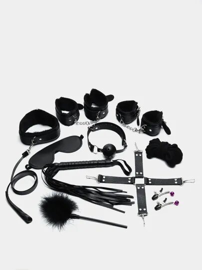 Набор БДСМ, искусственная кожа, 10 элементов, черный, анонимная упаковка