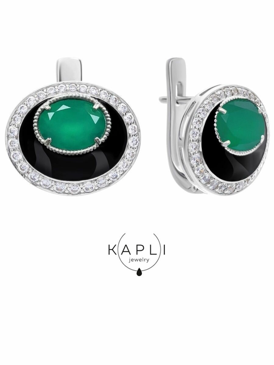 Серьги, серебро, 925 проба, родирование, агат, эмаль, фианит