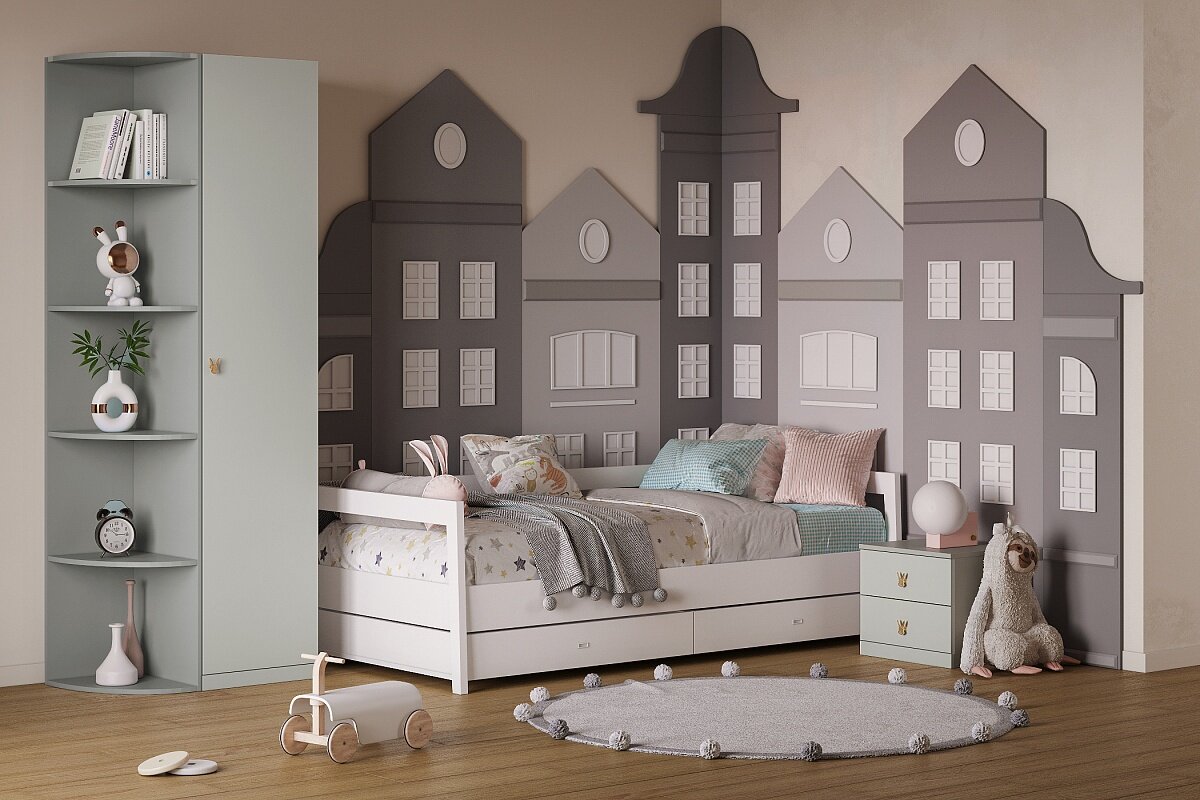 Детская стенка МебельЛэнд24 Банни - 2 МДФ Светло-Серый 130x52x210 со шкафом с тумбой