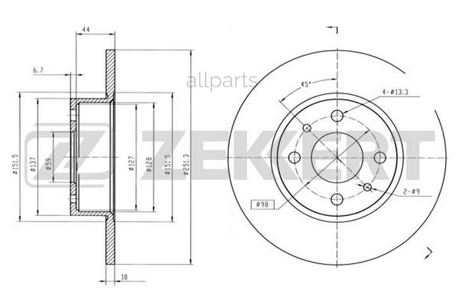 ZEKKERT BS-5013 Диск торм. задн. Alfa Romeo 164 (164) 87- Fiat Bravo (198) 06- Croma (154) 85-