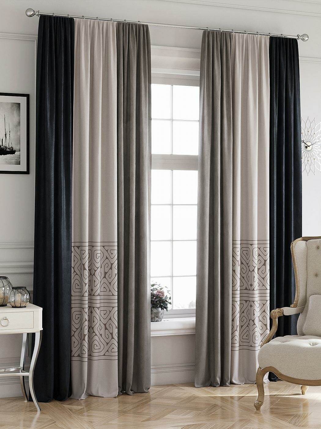 Комплекты штор AT HOME Лемнерс (черно-коричневый) высота 270 см, ширина 150 см, крепление - шторная лента, Бежевый