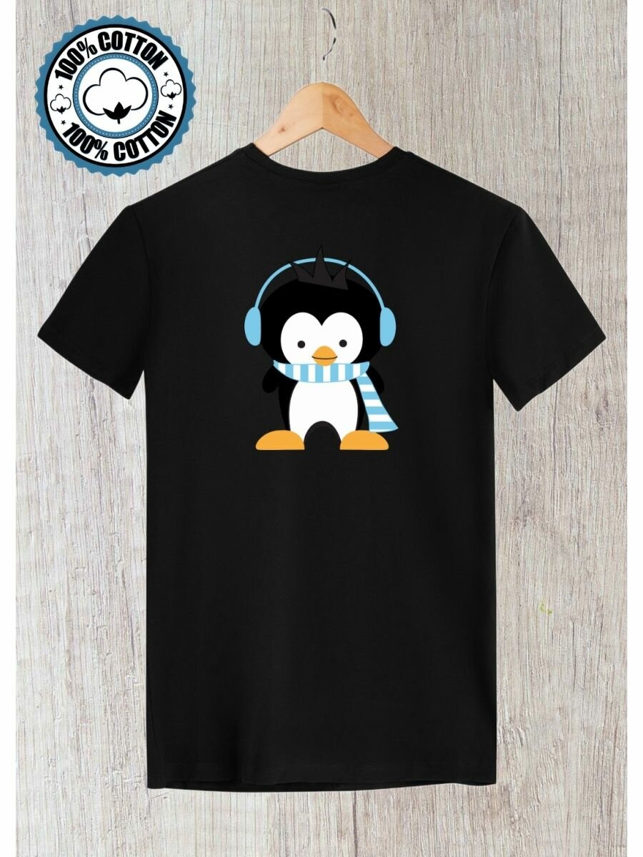 Футболка мультяшный пингвин в наушниках и шарфе