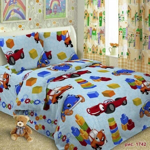 Лайт Постель комплект постельного белья "Веселые машинки", простыня на резинке 70х160см