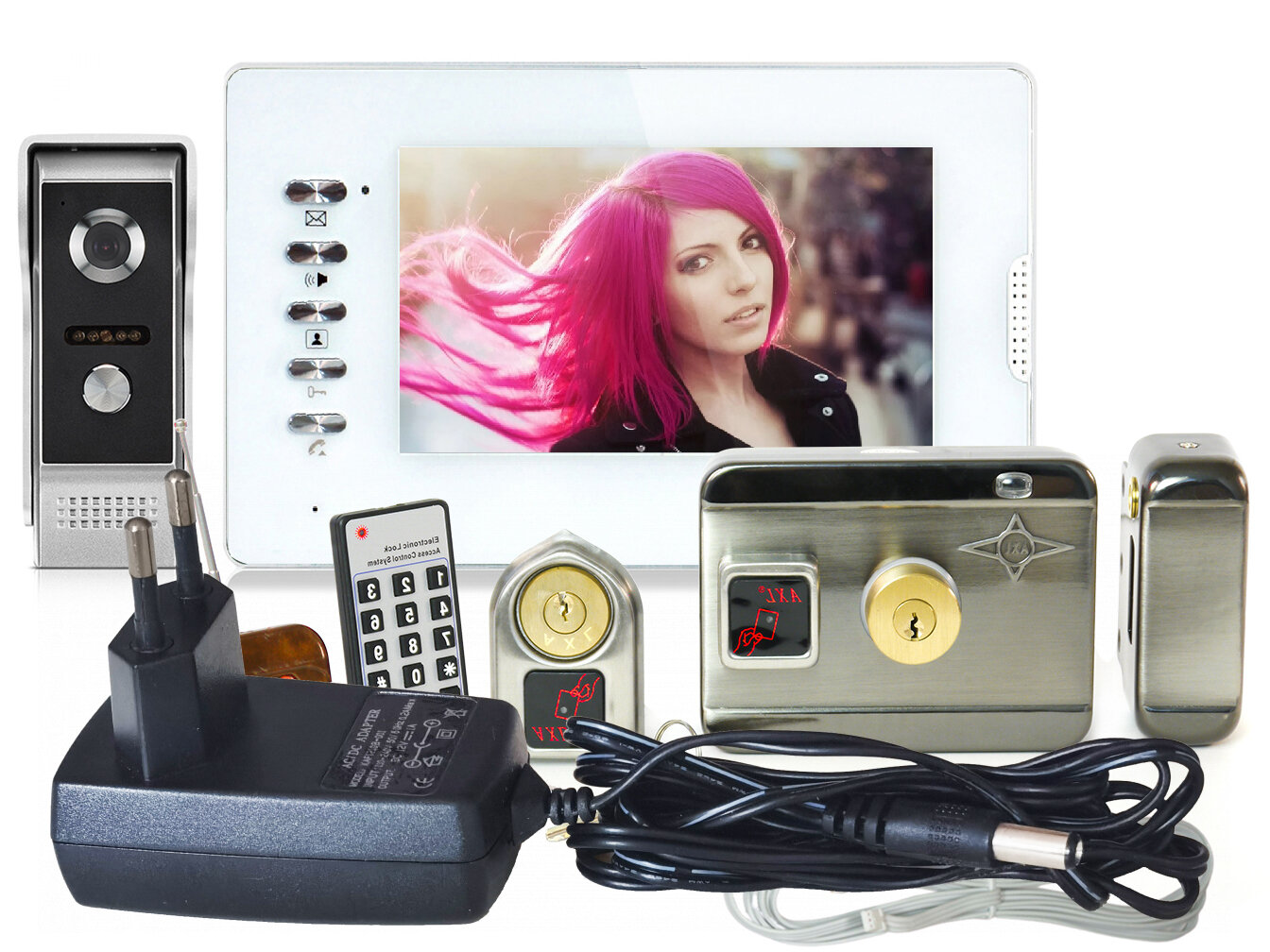 Набор: цветной домофон EP-7300-W и Anxing Lock-AX066 (K81639MOK) - замок + вызывная панель (замок с домофоном на калитку)