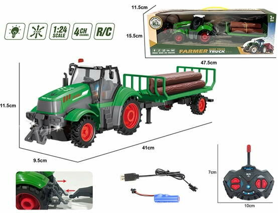 Трактор 1:24 с прицепом на РУ (свет) в коробке, 1 штука