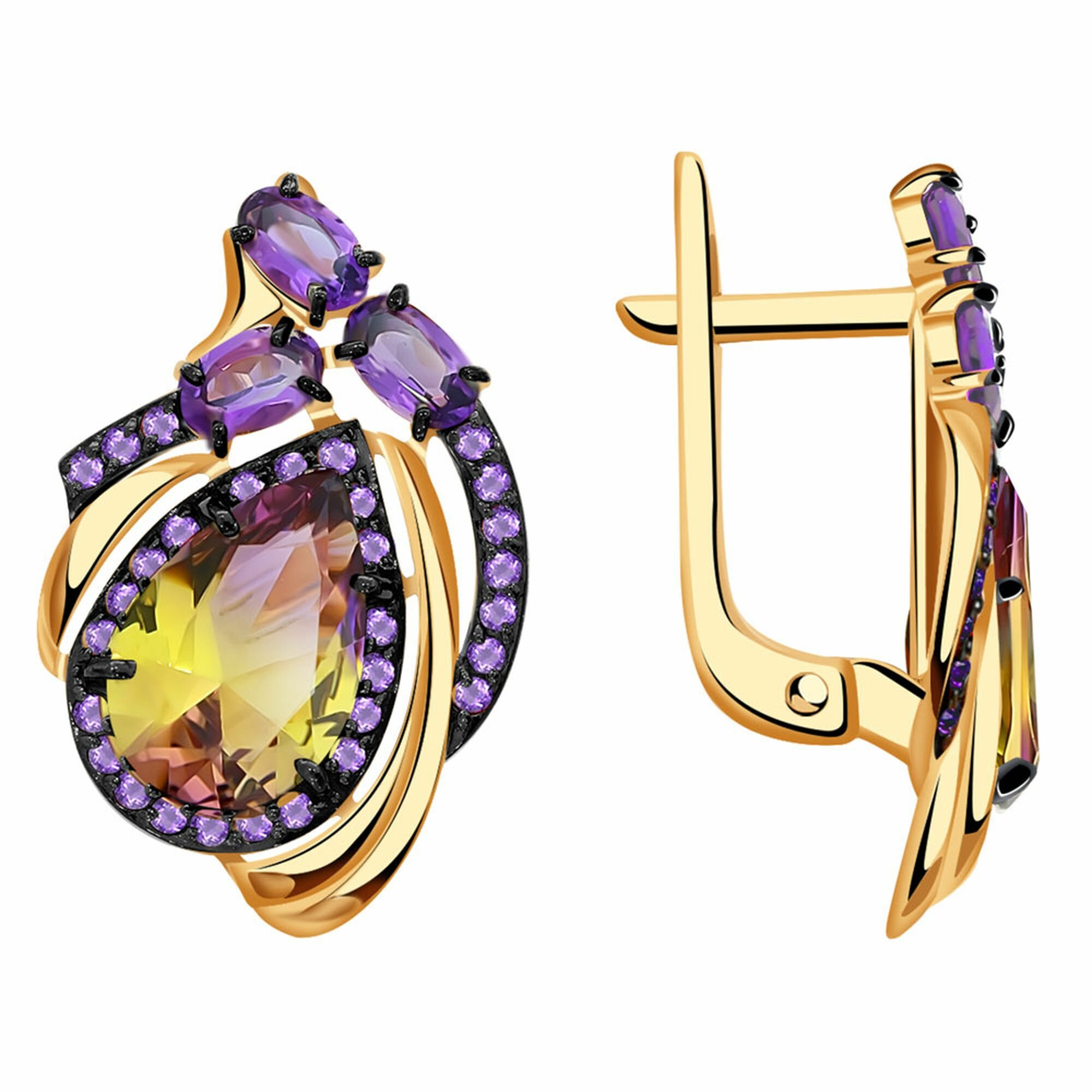 Серьги, красное золото, 585 проба, аметист, аметрин, фианит