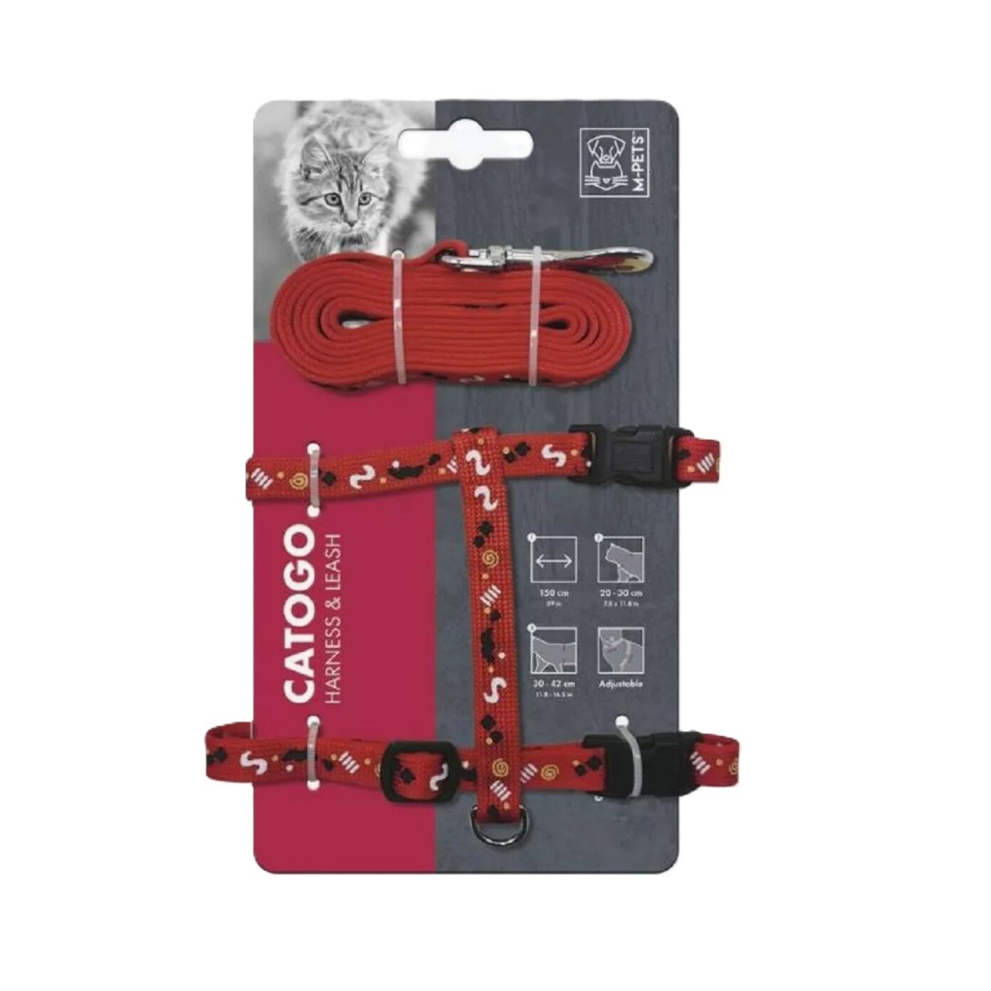 M-PETS Шлейка для кошек с поводком, красная, ОШ 20-30см, ОГ 30-42см, ширина 1 см, длинна 90 см-170 см