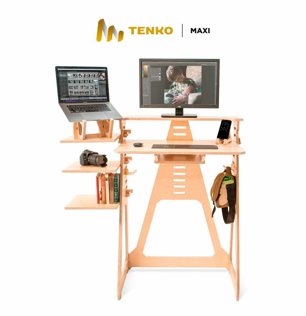 Стол трансформер многофункциональный, подставка для компьютера деревянная / столик для ноутбука / для работы дома, подставка под монитор, стол для работы стоя и сидя, дерево, прозрачный лак, "Макси", Tenko Decor, 1 шт.