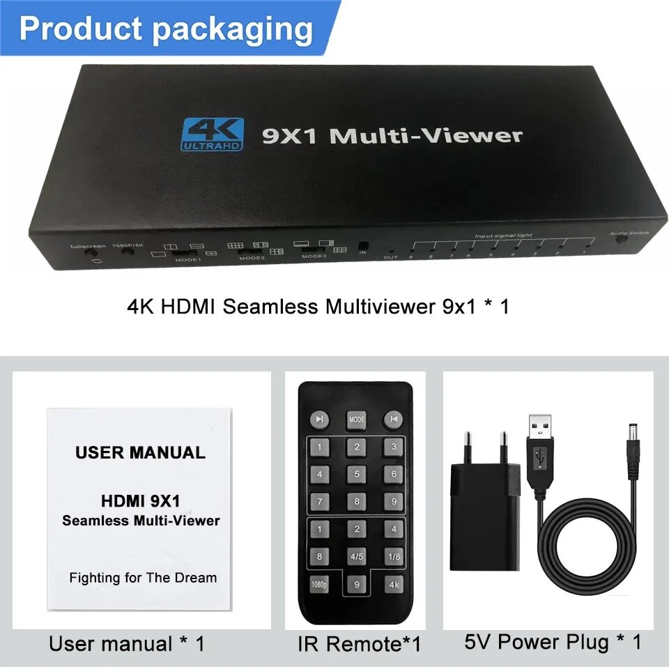 HDMI 9x1 Multiviewer 4K с пультом и блоком питания