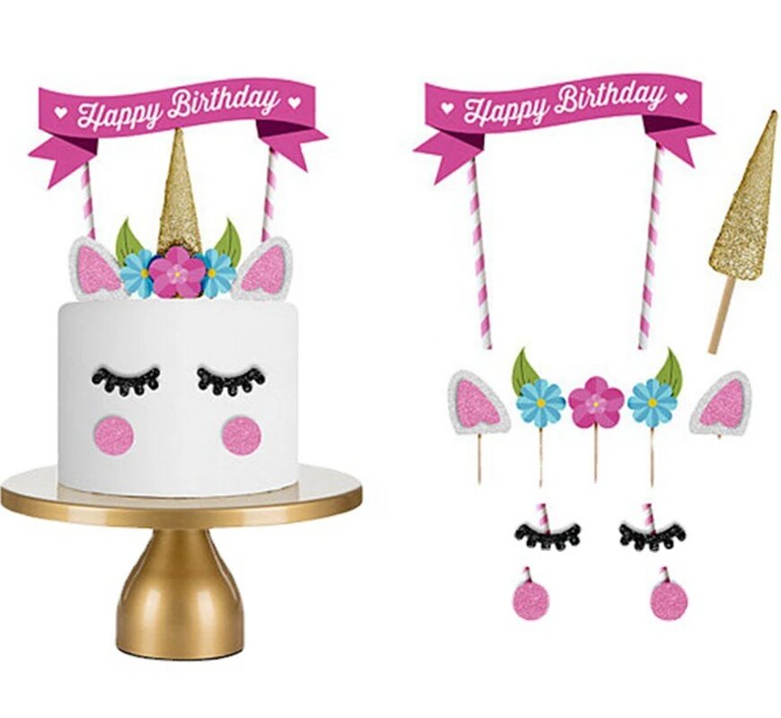 Детские картонные фигурки единорогов для торта Розовый, 1set cake topper