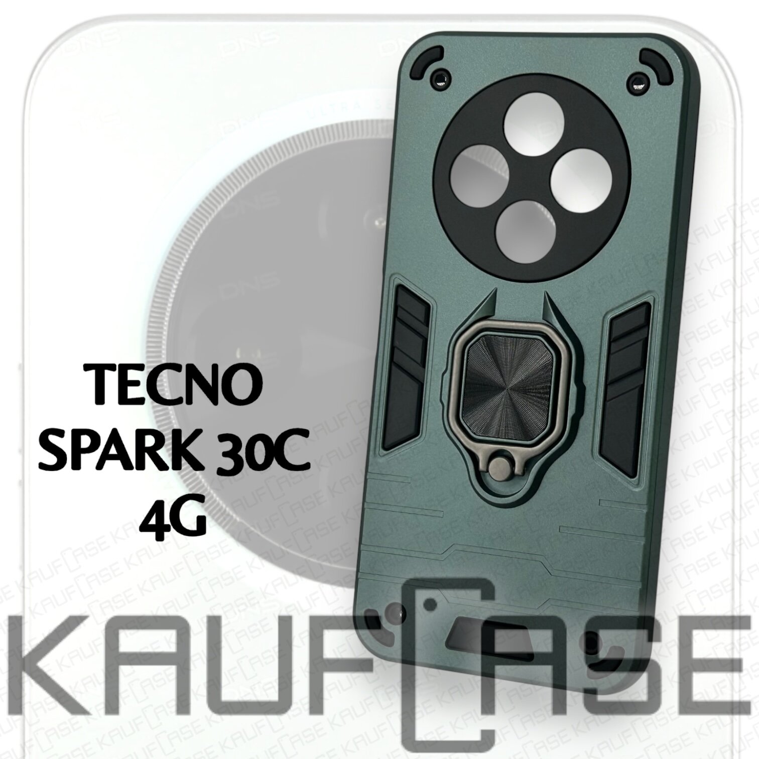 Противоударный чехол на Tecno Spark 30C 4G (6.67"), темно-зеленый. Кольцо-держатель и магнитное крепление, яркие пластиковые защитные вставки