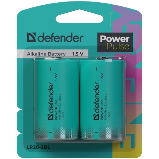 Батарейка алкалиновая Defender PowerPulse LR20-2BL D, блистер, 2 шт.