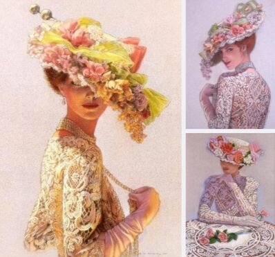 Набор Принтов на габардине для вышивки лентами "Дамы -1" Принты А3-40*30см Комплект из 3 штук