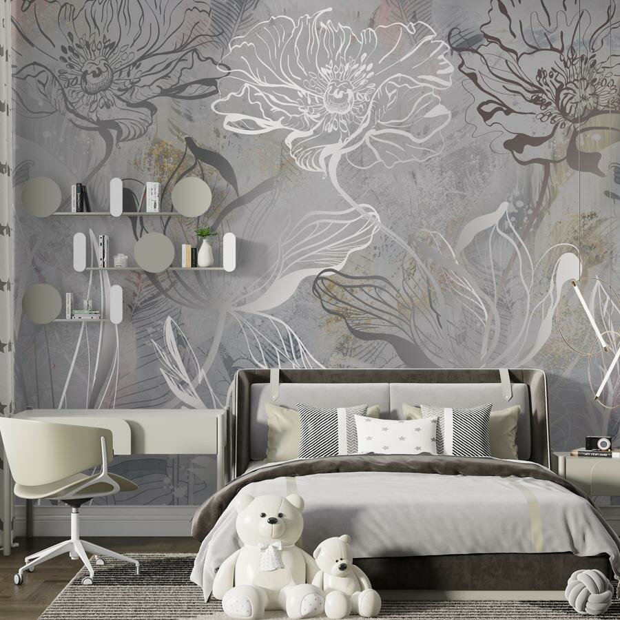 Фотообои Абстракция черно-белые цветы 13-887-S-Флок 270 x 200 см (ВхШ) Бесшовные, флизелиновые, влагостойкие обои