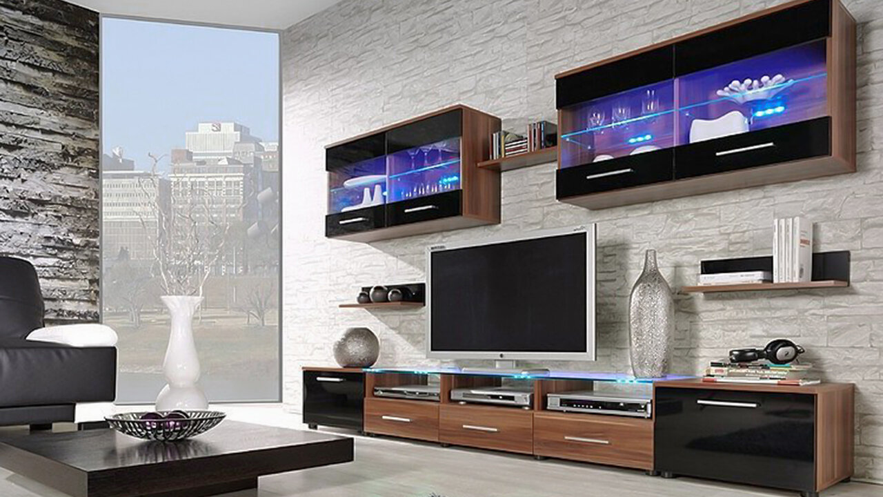 Гостиная Тома 3 МДФ (черная) / Орех 0729 NEW 250x42x190 см, черный, орех Фиеста