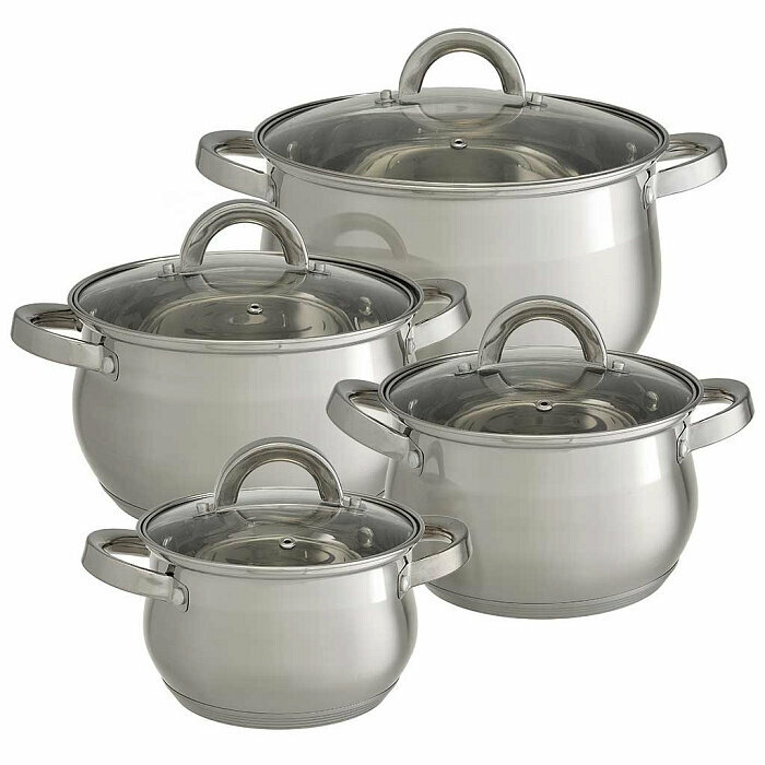 Набор кастрюль Webber BE-620/8 из нержавеющей стали со стеклянными крышками, 8 предметов