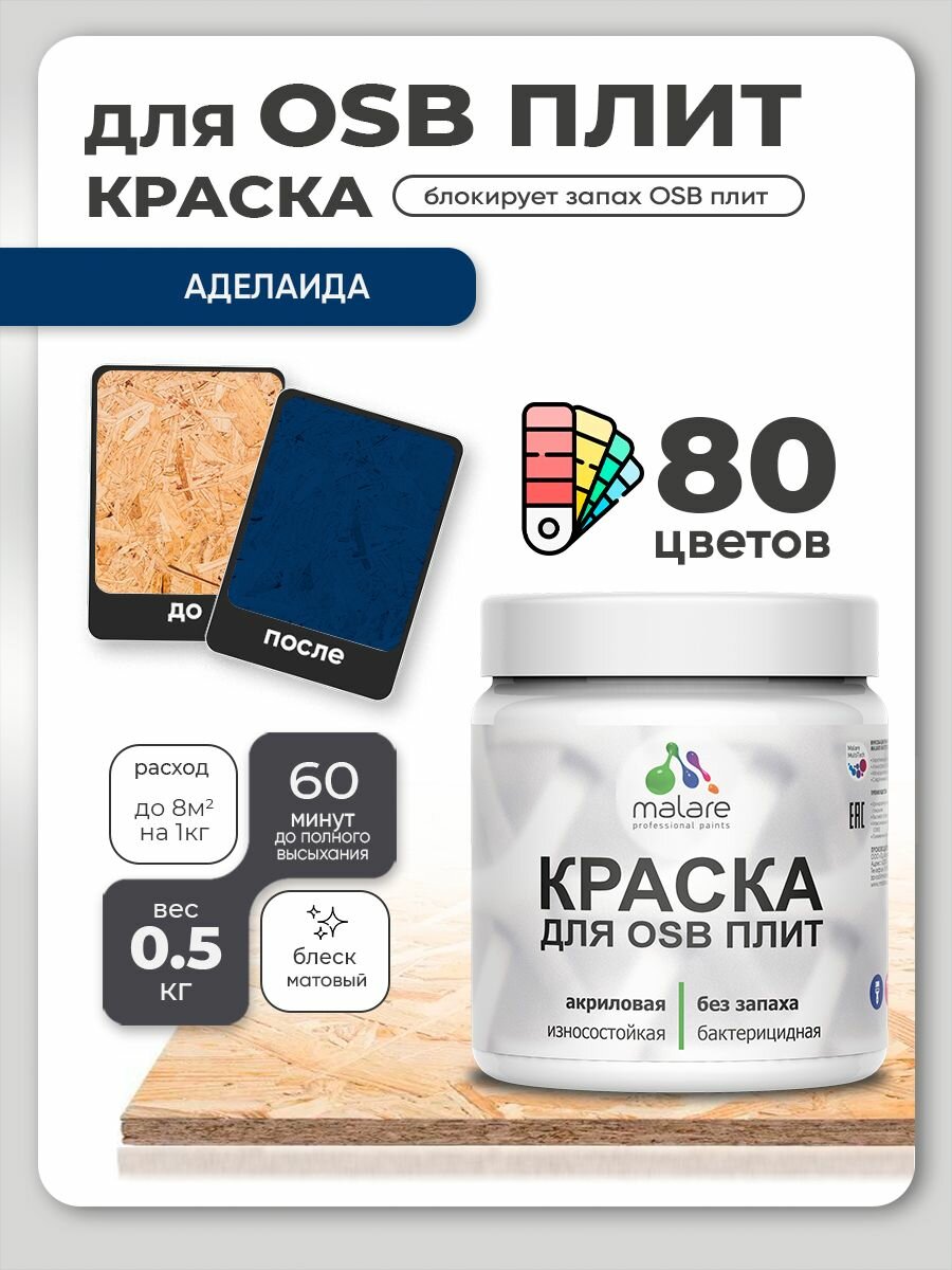 Акриловая краска для ОСБ плит Malare для дерева для наружных и внутренних работ, быстросохнущая без запаха матовая, аделаида, 0.5 кг