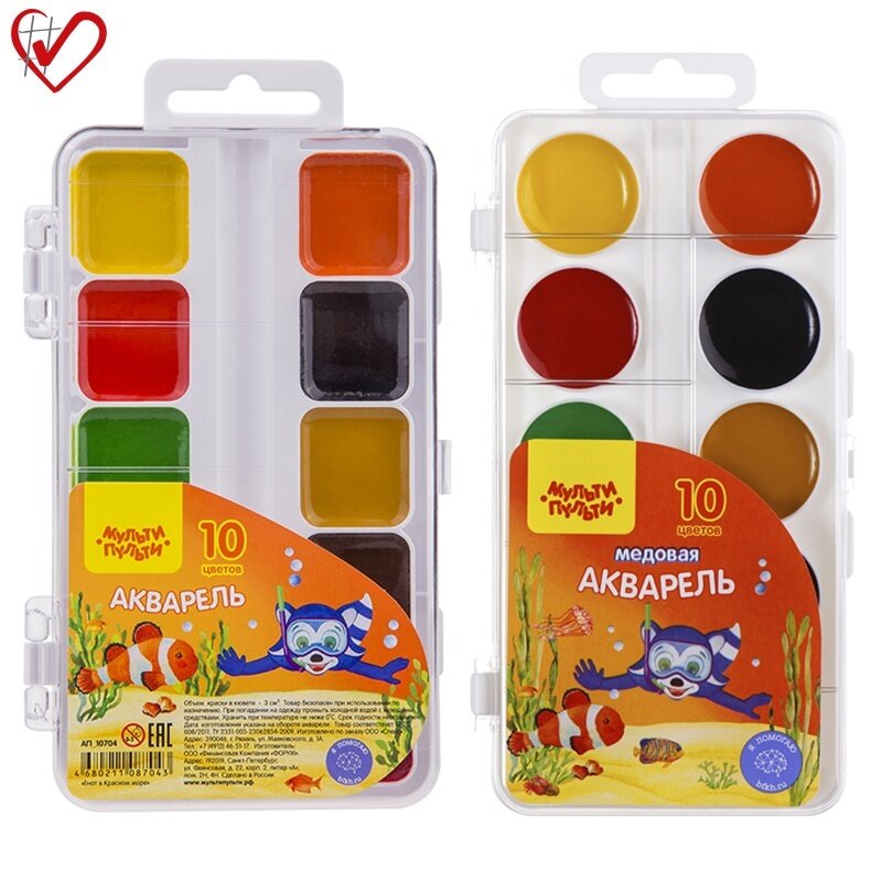 Акварель Мульти Пульти "Енот в Красном море", медовая, 10 цветов, без кисти, пластик (АП_10704)