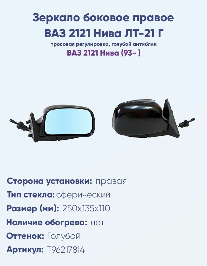 Зеркало боковое правое ВАЗ-2121, 2131 Нива, модель ЛТ-21 Г с тросовым приводом регулировки, с сферическим противоослепляющим отражателем голубого тона. Без системы Обогрева.