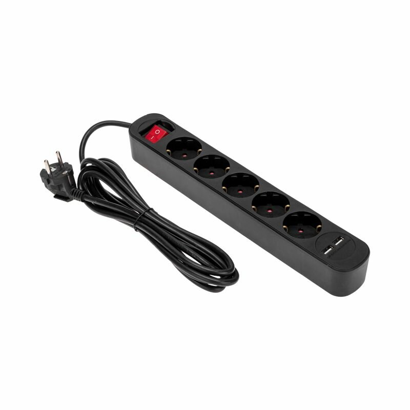 Удлинитель STANDARD 5 гнезд, 3м, 3х1,0мм, с/з, с выключателем, 2 USB, черный REXANT