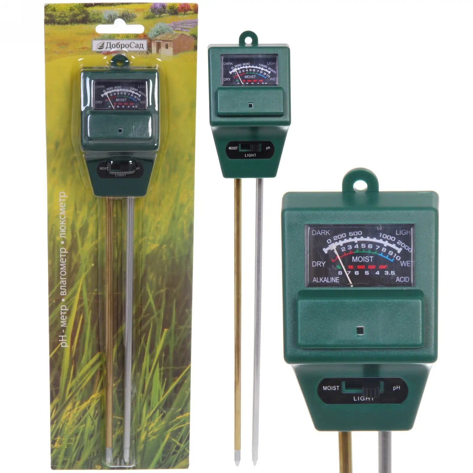 Измеритель влажности и кислотности почвы ДоброСад, точные результаты, зеленый корпус