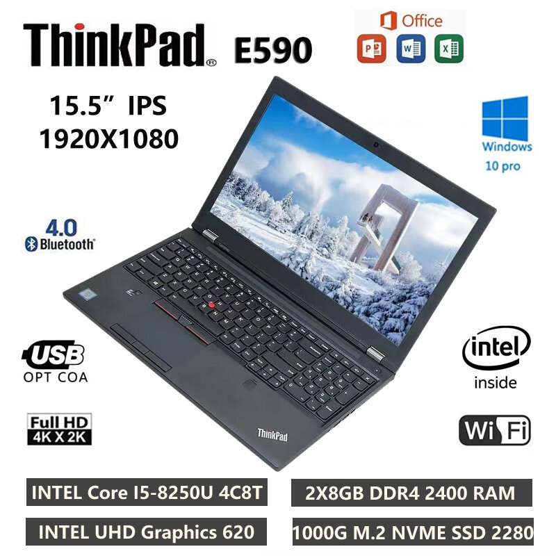 Подержанный ноутбук 15.6" LENOVO Thinkpad E590 (8TH CORE i5-8250U+2X8GB DDR4 2400 RAM+1000G M.2 NVME SSD+INTEL UHD Graphics 620 Видеокарта+1920X1080 IPS 4K+Win 10 pro )
